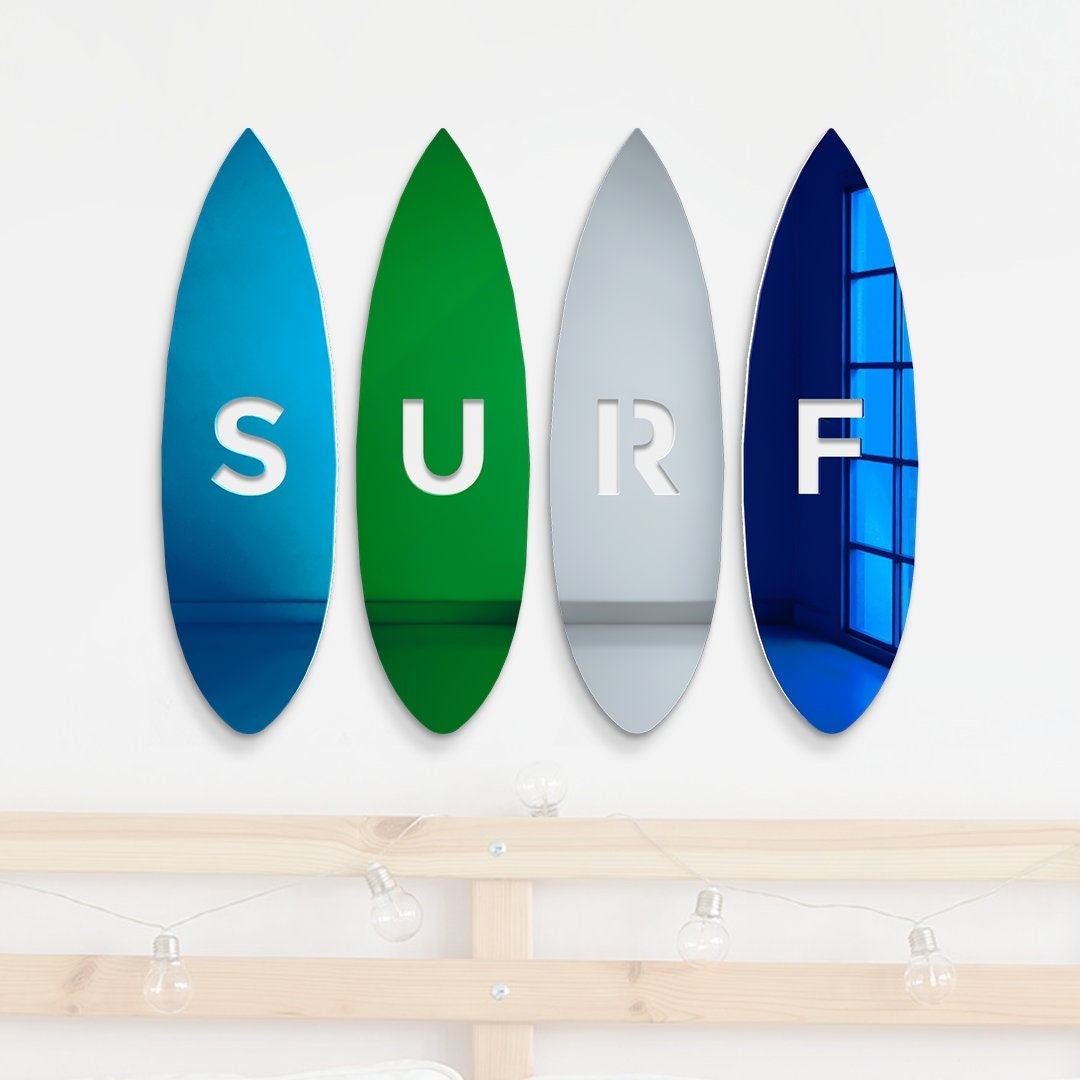 Acrylic Surfboard 4-piece Set Wall Art Mirror, Ocean Surf Theme Room ...