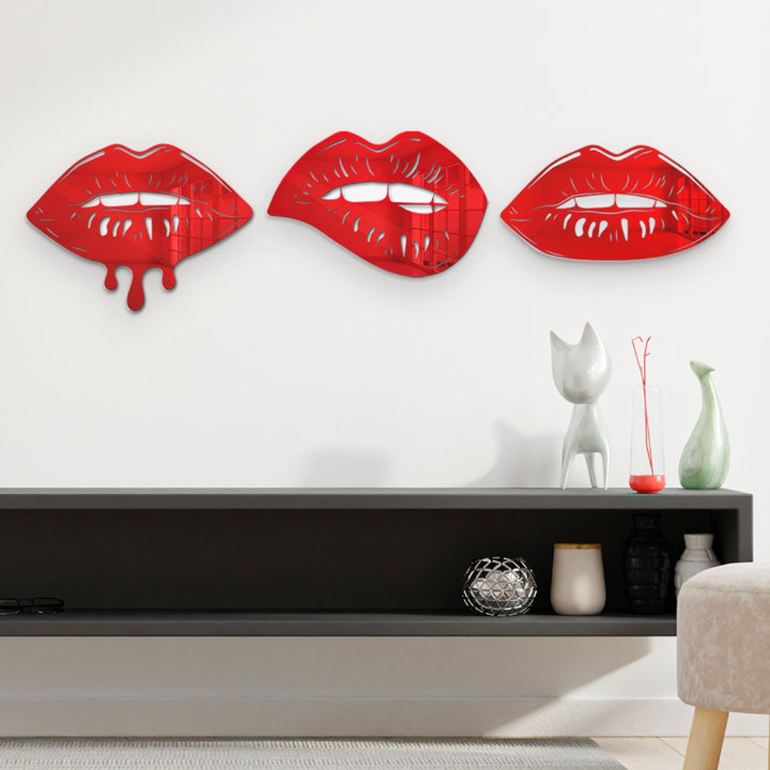 Set of 3 Mirrored Glamorous Lips Wall Art, Mirror Lips, Lip Home Decor ...
