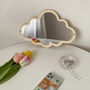 Cloud Aesthetic Acrylic Mirror With Wood Color | Cute Mirror Beige ...