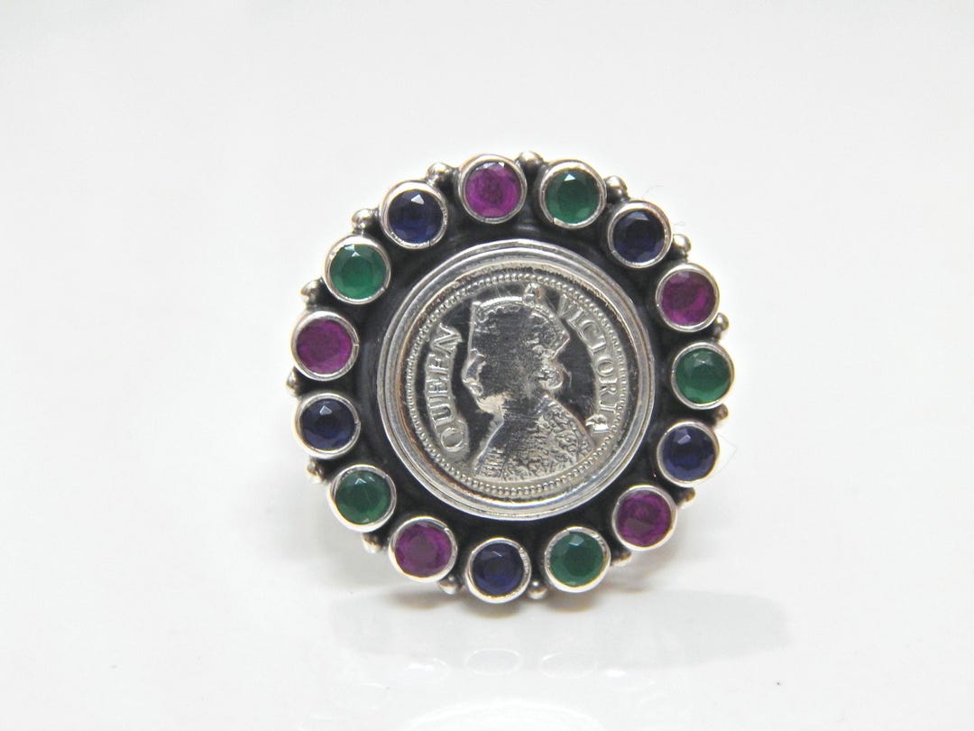 Victoria Queen Coin Ring: Sterling Silver, Ruby, Emerald & Sapphire - Etsy