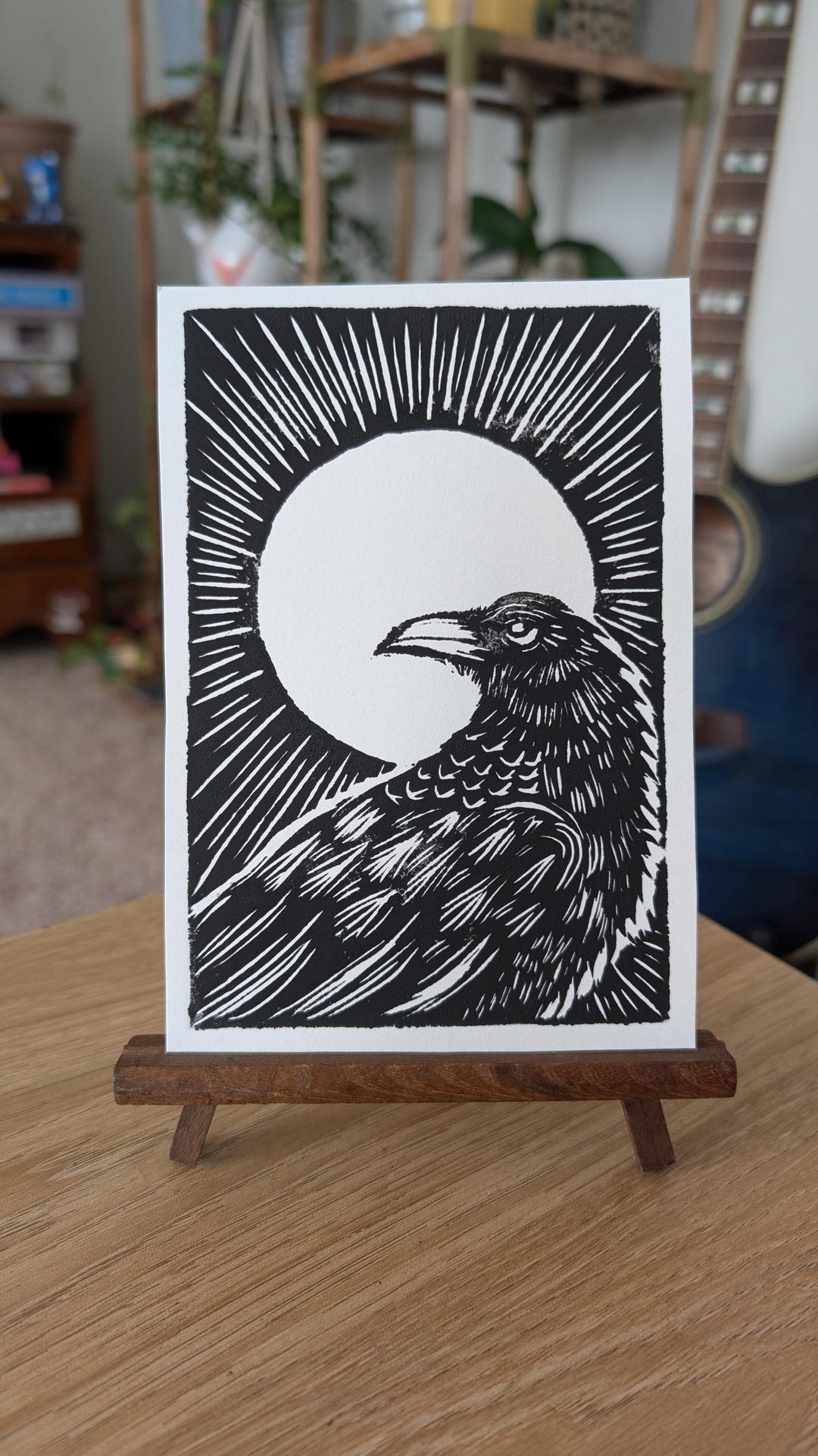 Original Raven Print | Sun Art Print | Handmade Bird Print | Black and ...
