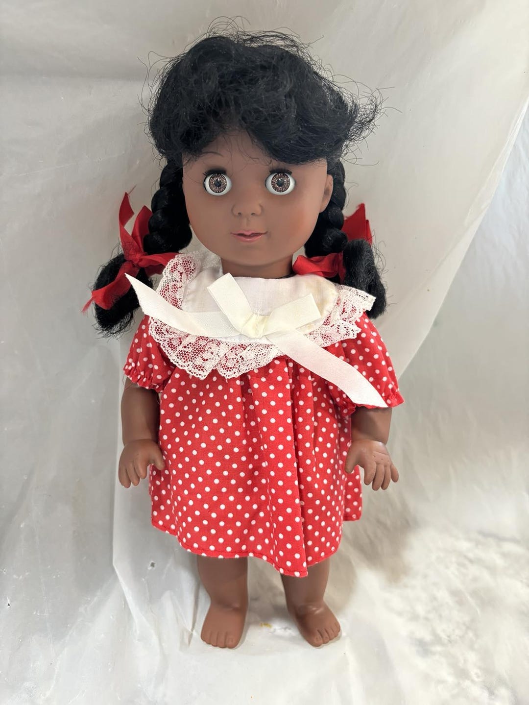 Vintage 1989 OLMEC Black Doll With Ponytails Wearing Red Pooka Dot ...