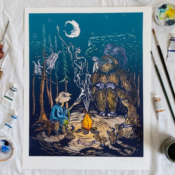 A Smoke Story Original Hand Pulled Hand Painted Woodcut - Etsy