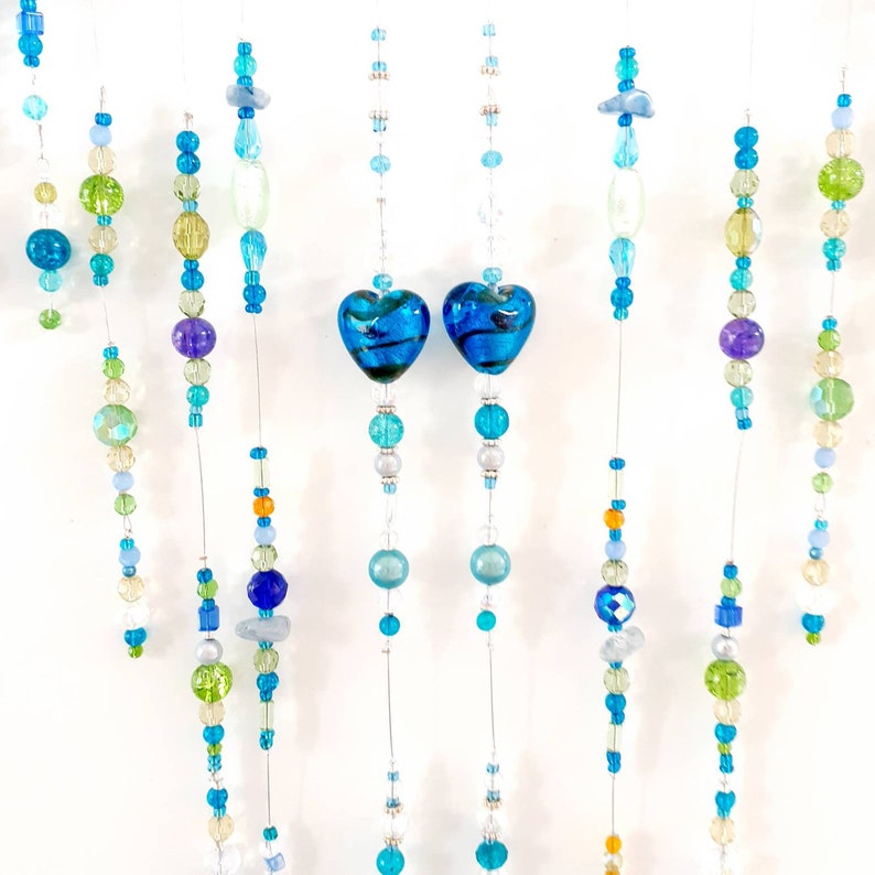 Handcrafted Blue Glass Bead Curtain, Beaded Window Valance, Boho Bead ...