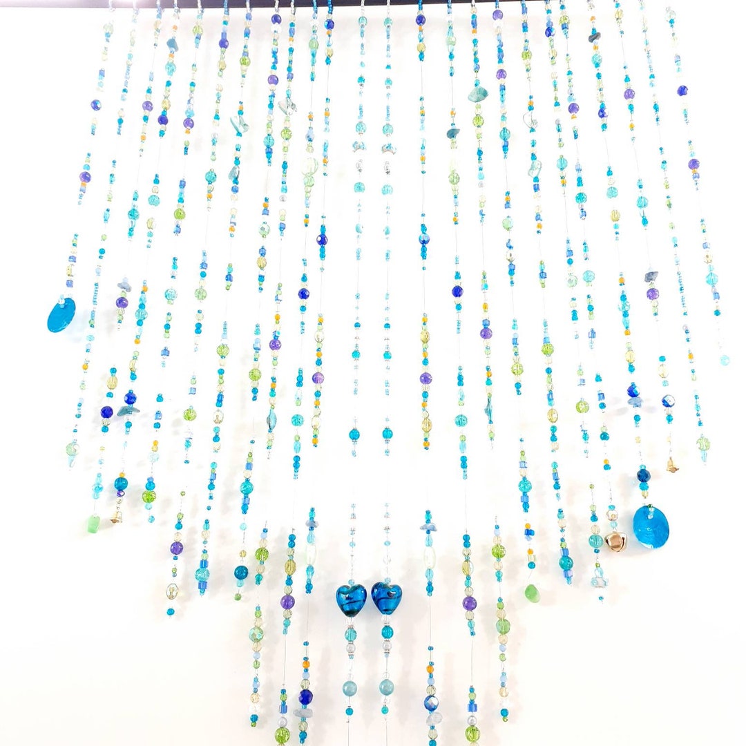 Handcrafted Blue Glass Bead Curtain, Beaded Window Valance, Boho Bead ...