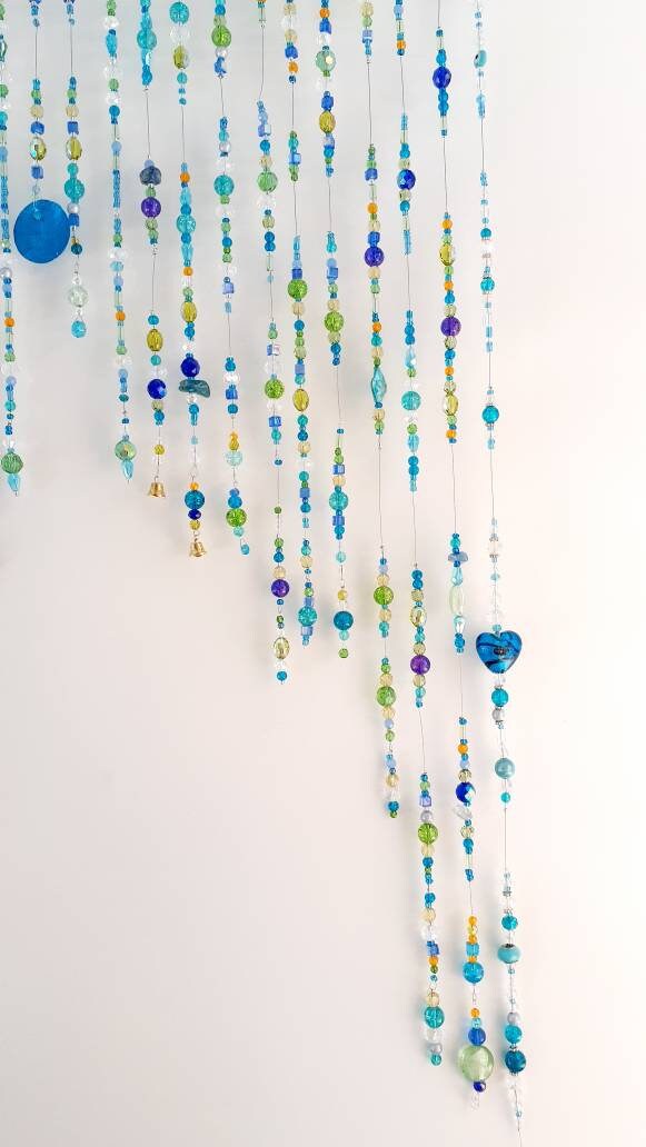 Handcrafted Blue Glass Bead Curtain, Beaded Window Valance, Boho Bead ...