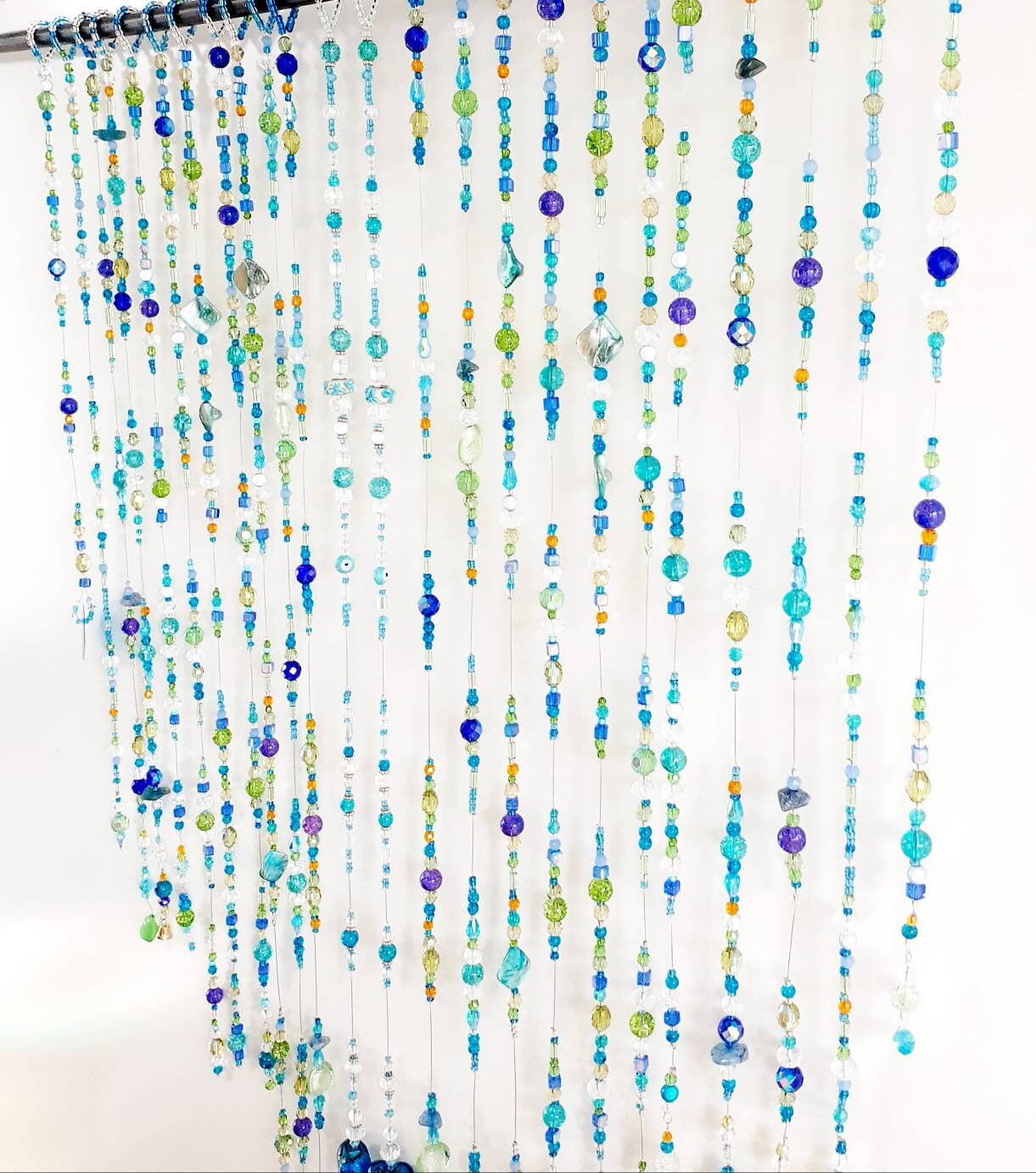 Handcrafted Blue Glass Bead Curtain, Beaded Window Valance, Boho Bead ...