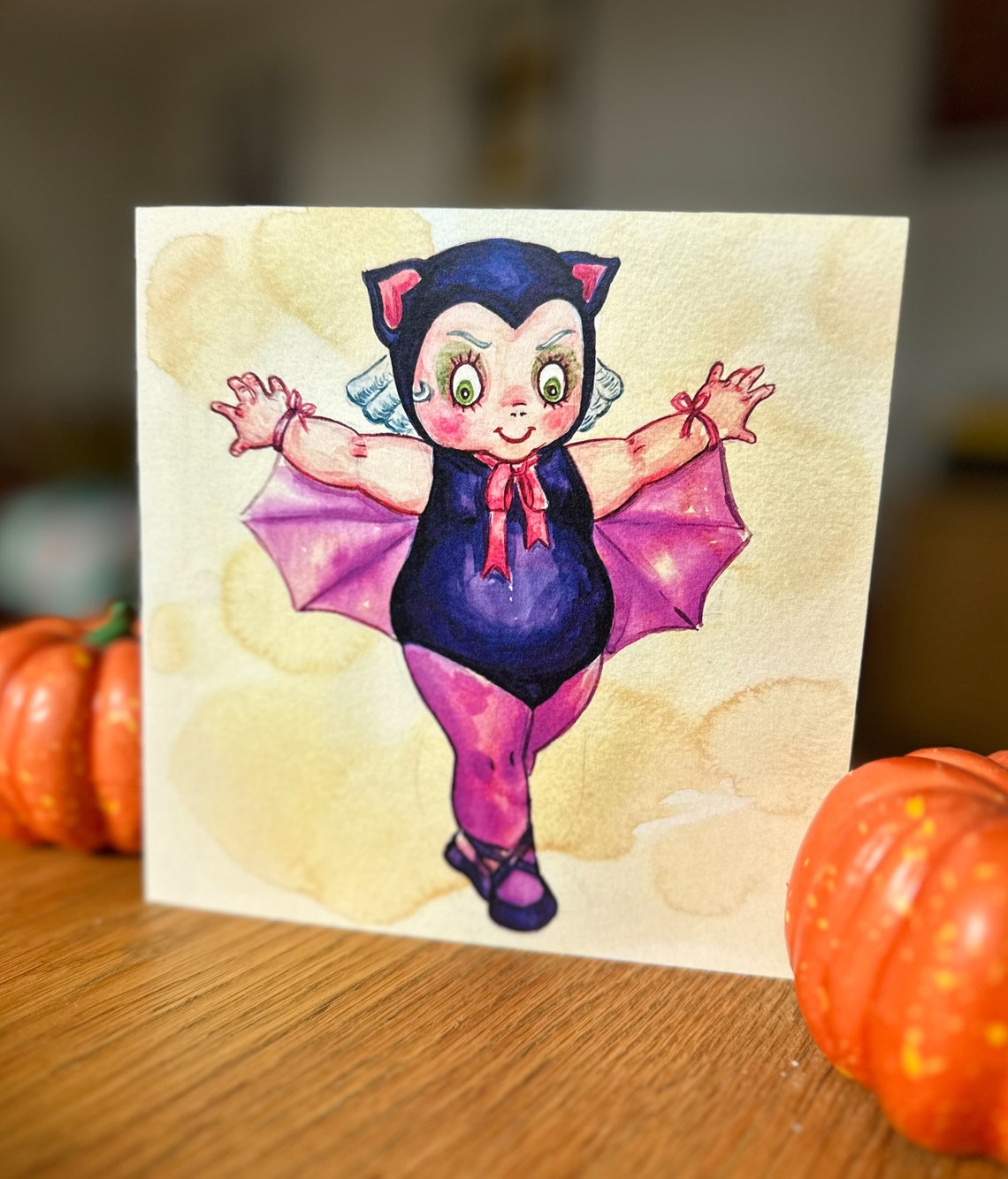 Vintage Style Cute Vampire Bat Girl Halloween Art Card 6x6 - Etsy