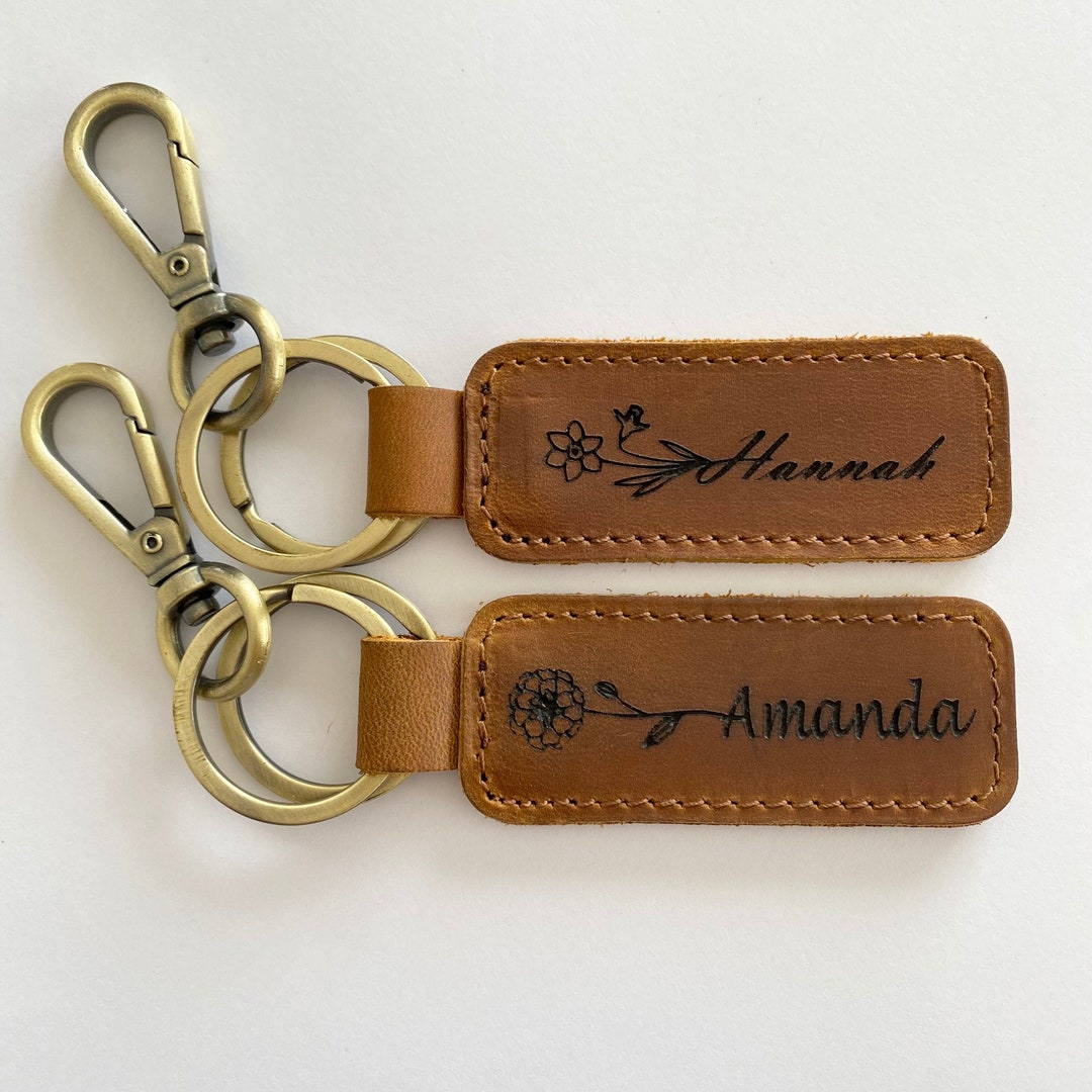 Birth Flower Name Keychain Customized Leather Keychain Genuine Leather ...