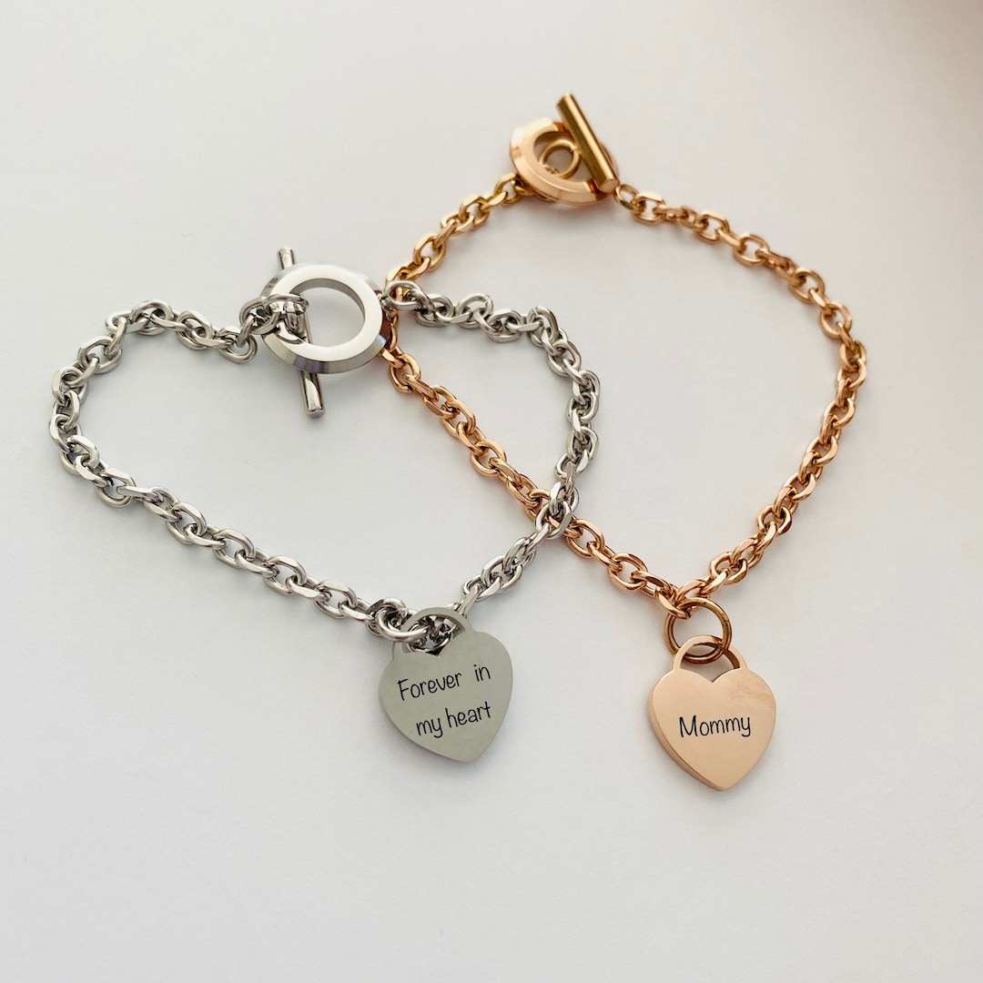 Personalized Heart Bracelet Engraved Bracelet for Women Stainless Steel ...