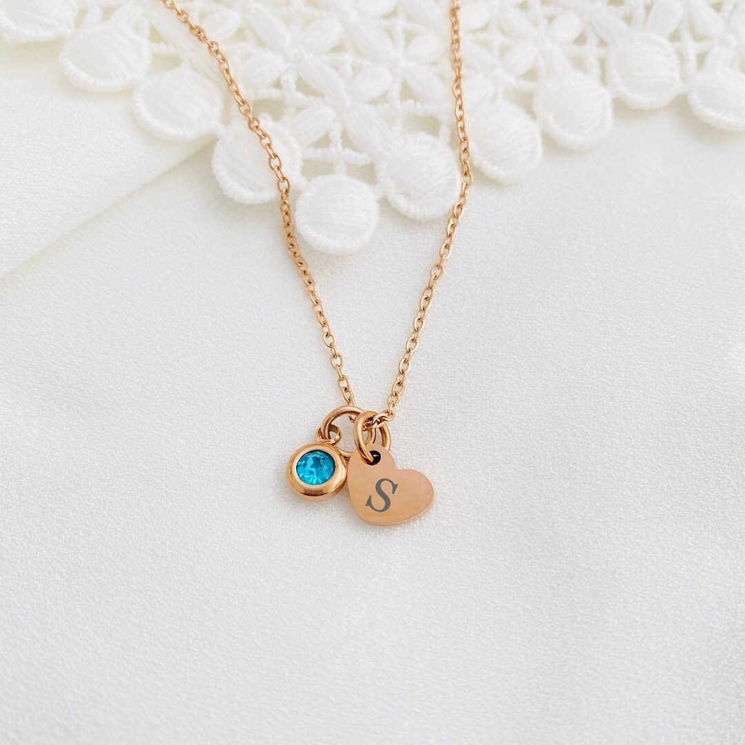 Personalized Tiny Heart Birthstone Necklace Engraved Heart Pendant ...