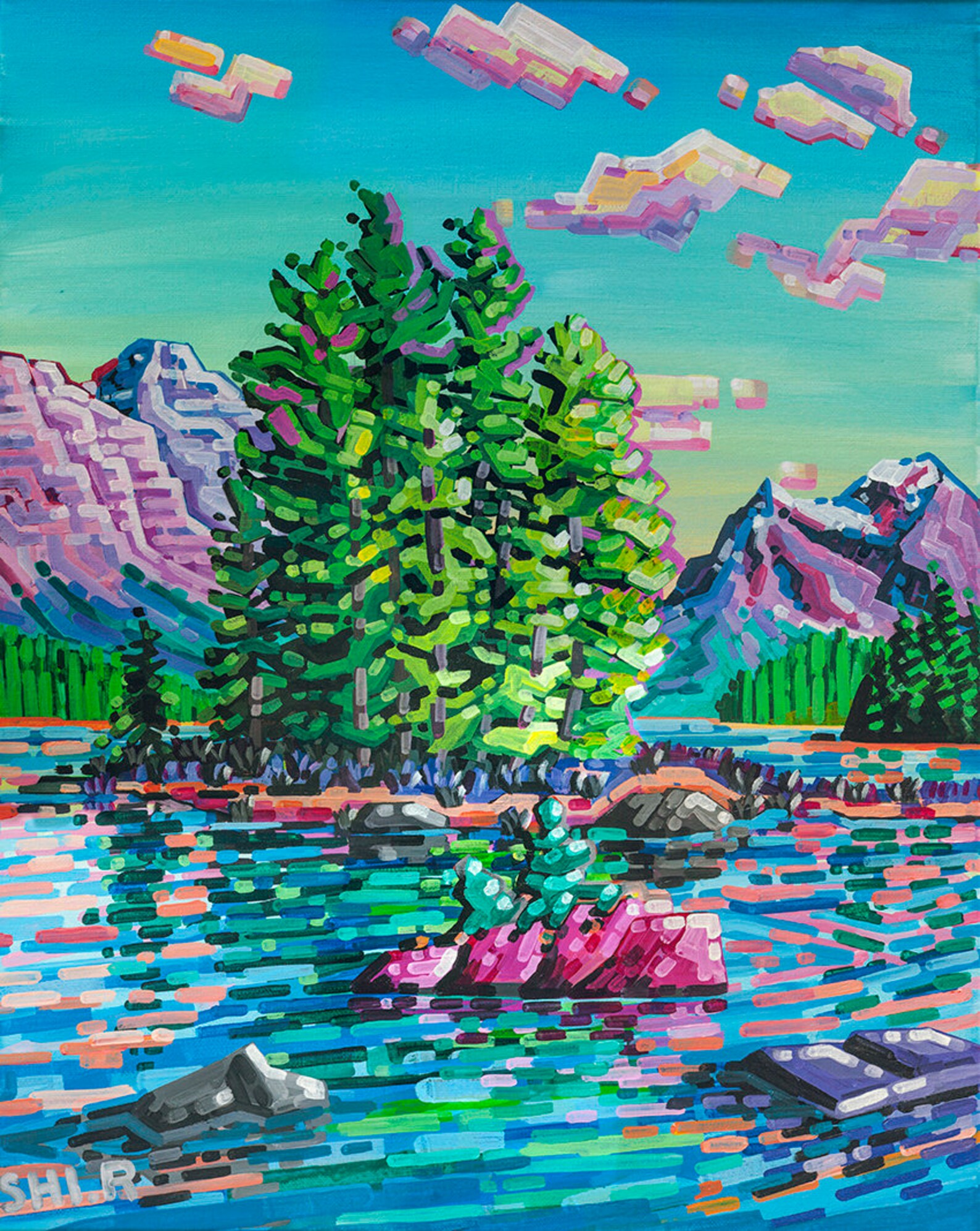 Canadian Landscape Painting Print, Lake Island Trees Wall Art, Mountain ...