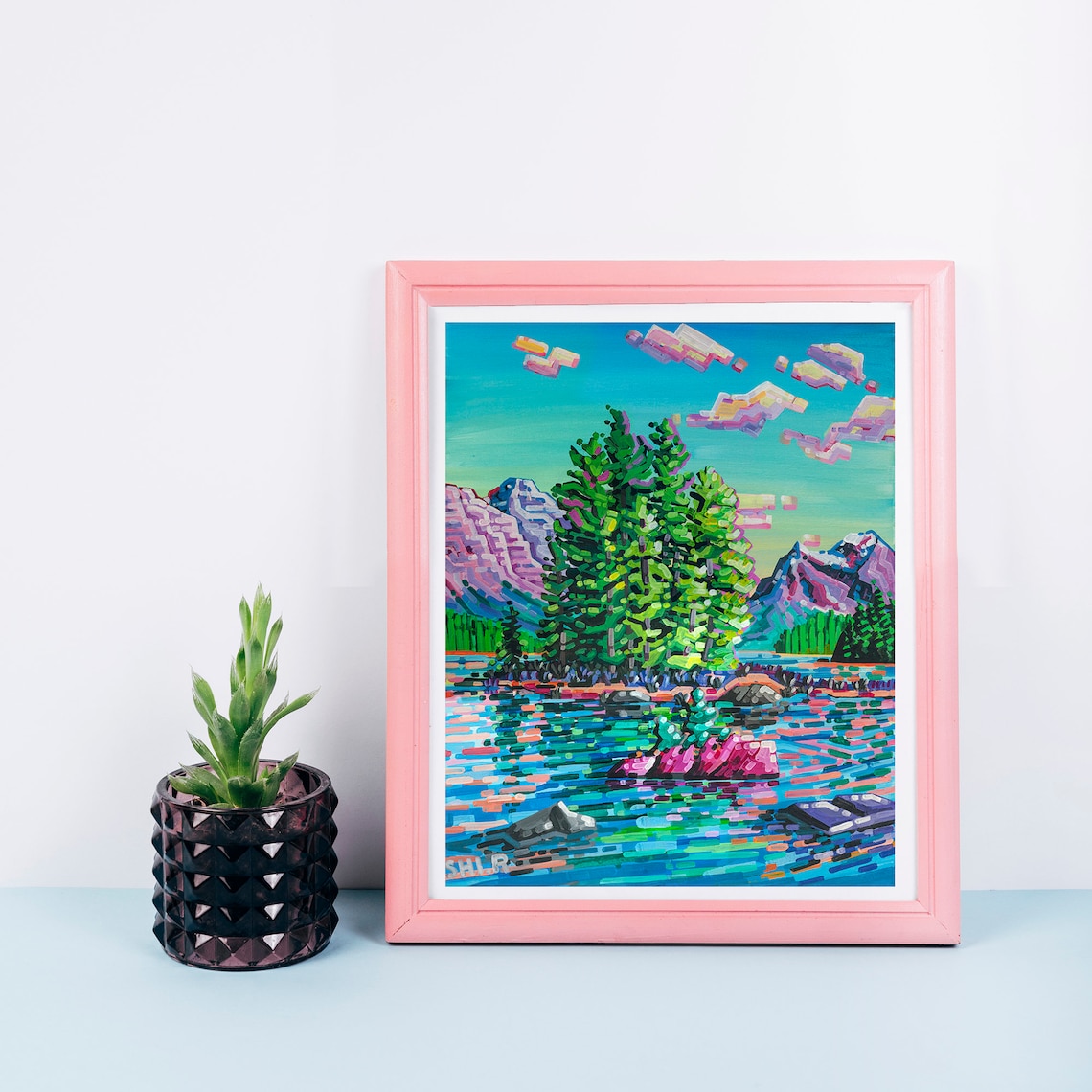 Canadian Landscape Painting Print, Lake Island Trees Wall Art, Mountain ...