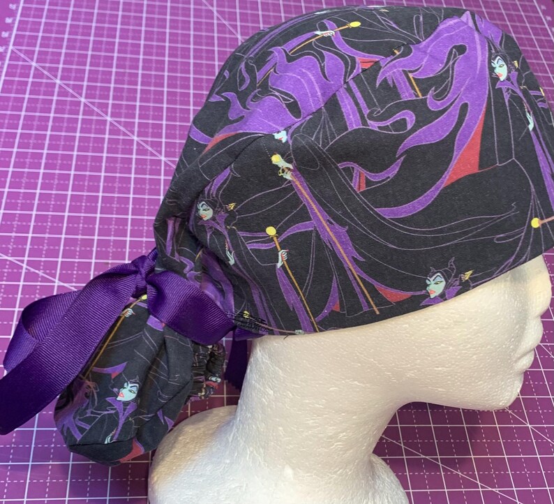 Horny Villain Ponytail Scrub Cap: Disney Villain Print, Ribbon Tie - Etsy
