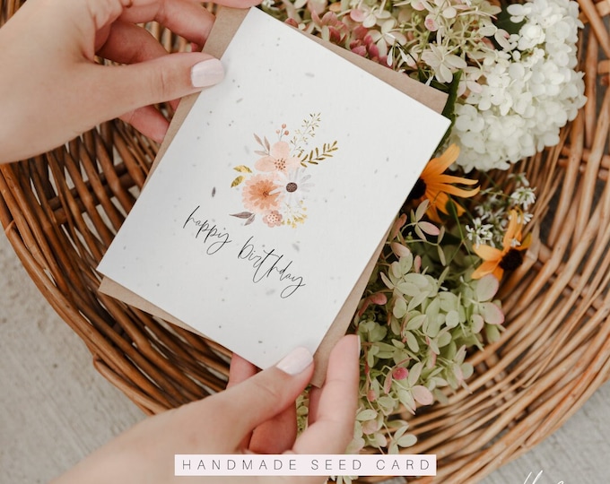 Seed Card, Happy Birthday Card, 6x4", Greeting Card, Hand Drawn, Floral ...