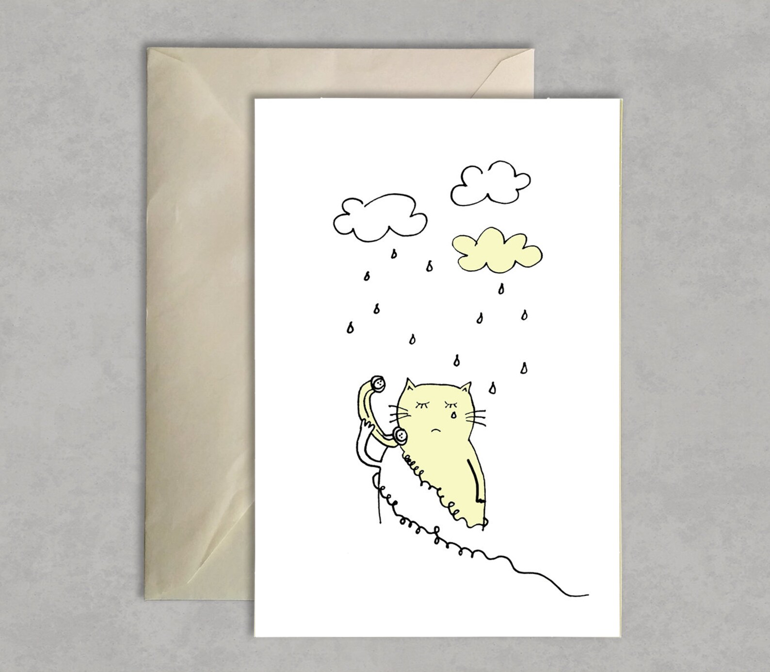 Sad Cat and Rain Card, I Miss You Card, Thinking of You, Cute Note ...