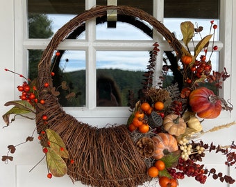 Colorful Autumn and Fall Wreath Featuring Cornucopia Filled With Corn ...