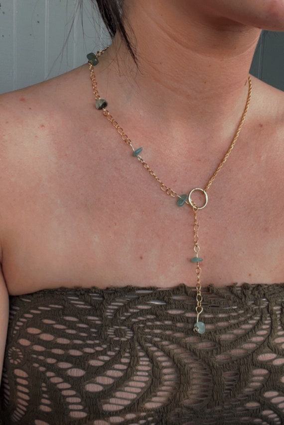 Crystal claspless necklace crystal necklace green crystal classy jewelry v neck necklace gold chain necklace gift for girlfriend
