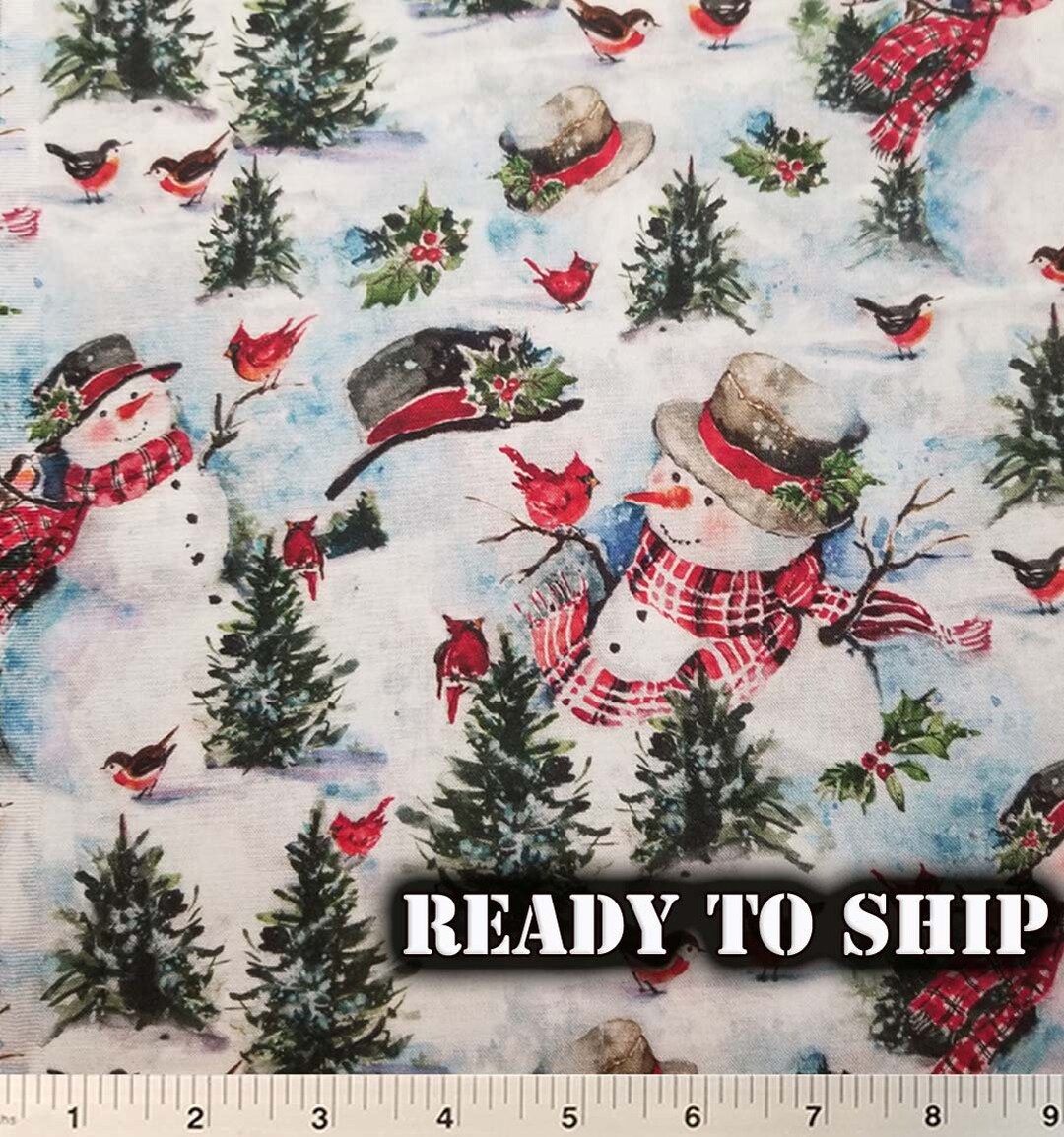 REMNANT Cute Snowmen and Winter Birds, Christmas Holiday Fabric, Susan ...