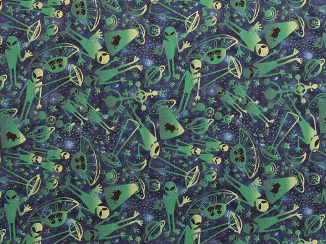 Green Aliens Fabric Grays UFO Flying Saucers by the Yard - Etsy