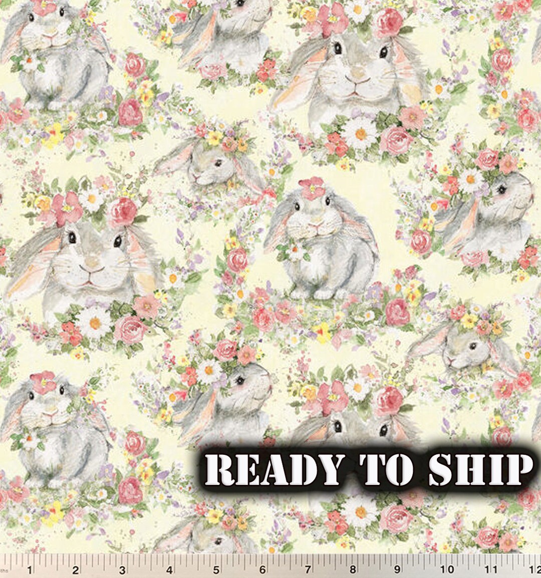 Spring Bunny Cotton Fabric, Easter Floral Bunnies Print by Susan Winget ...
