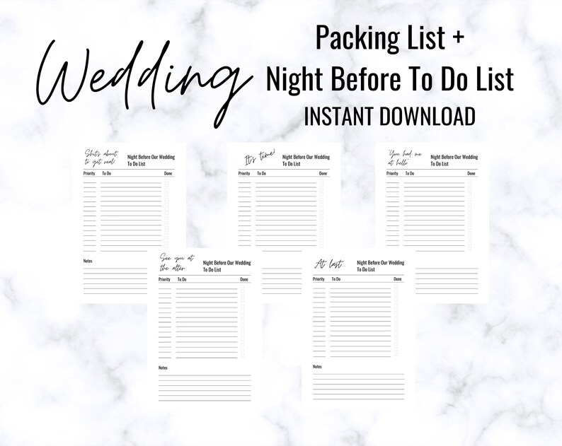 Wedding Day Items to Take Checklist Packing List and Night - Etsy