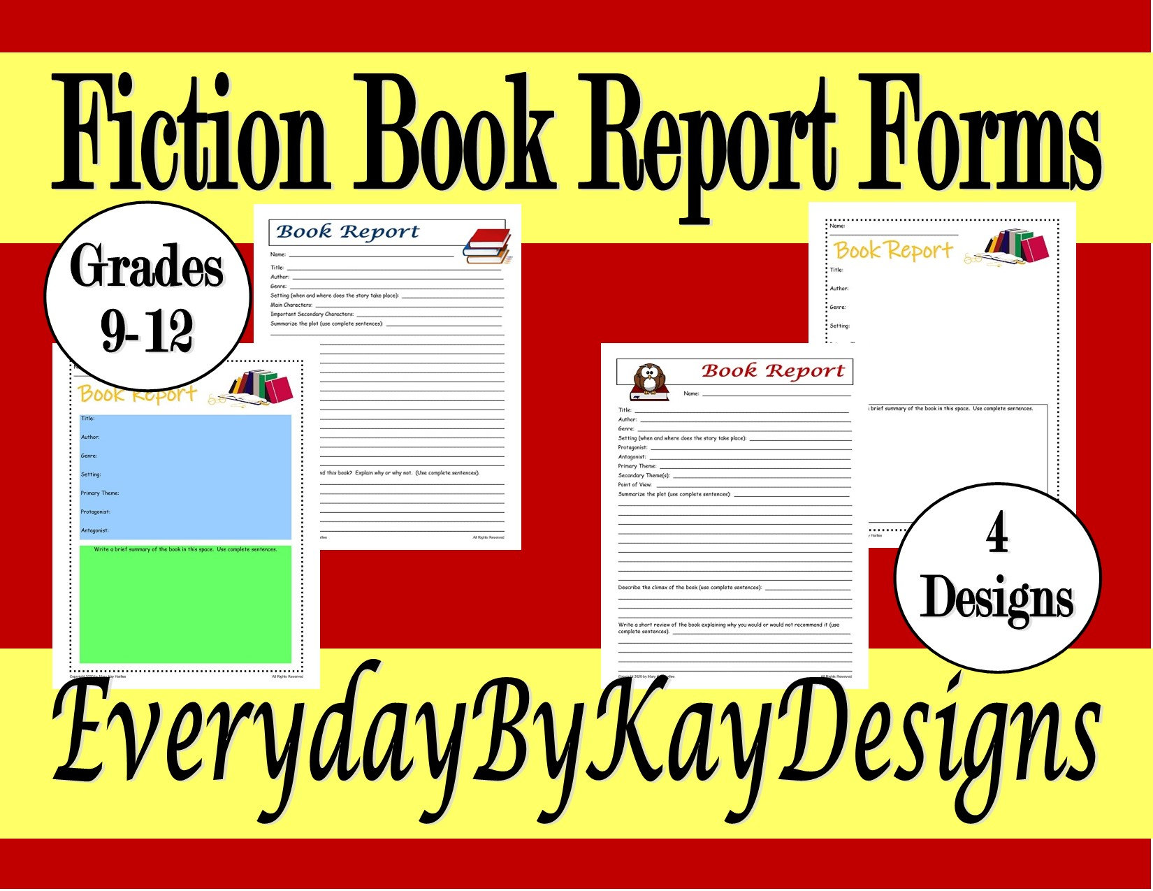 Fiction Book Report Forms PRINTABLES Grade 9 Through 12 for Class Rooms ...