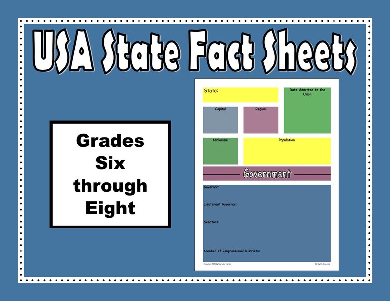 USA State Fact Sheets PRINTABLES ~ Grades 6 - 8 ~ for Homeschools or ...