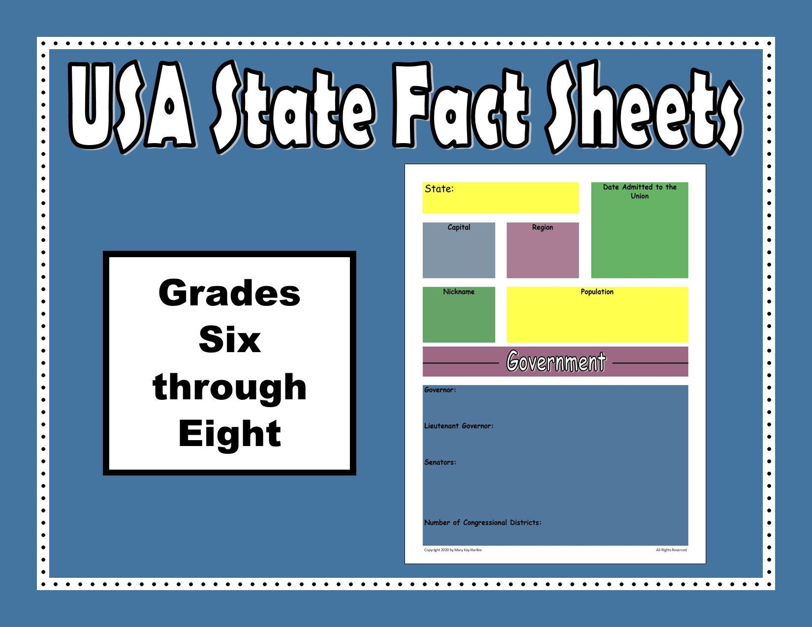 USA State Fact Sheets PRINTABLES ~ Grades 6 - 8 ~ for Homeschools or ...
