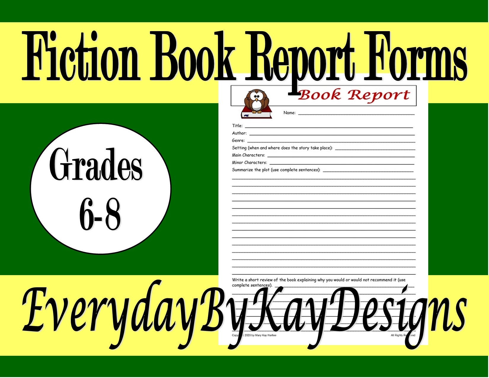 Fiction Book Report Forms PRINTBLES ~ Grades 6 Through 8 ~ for Class ...
