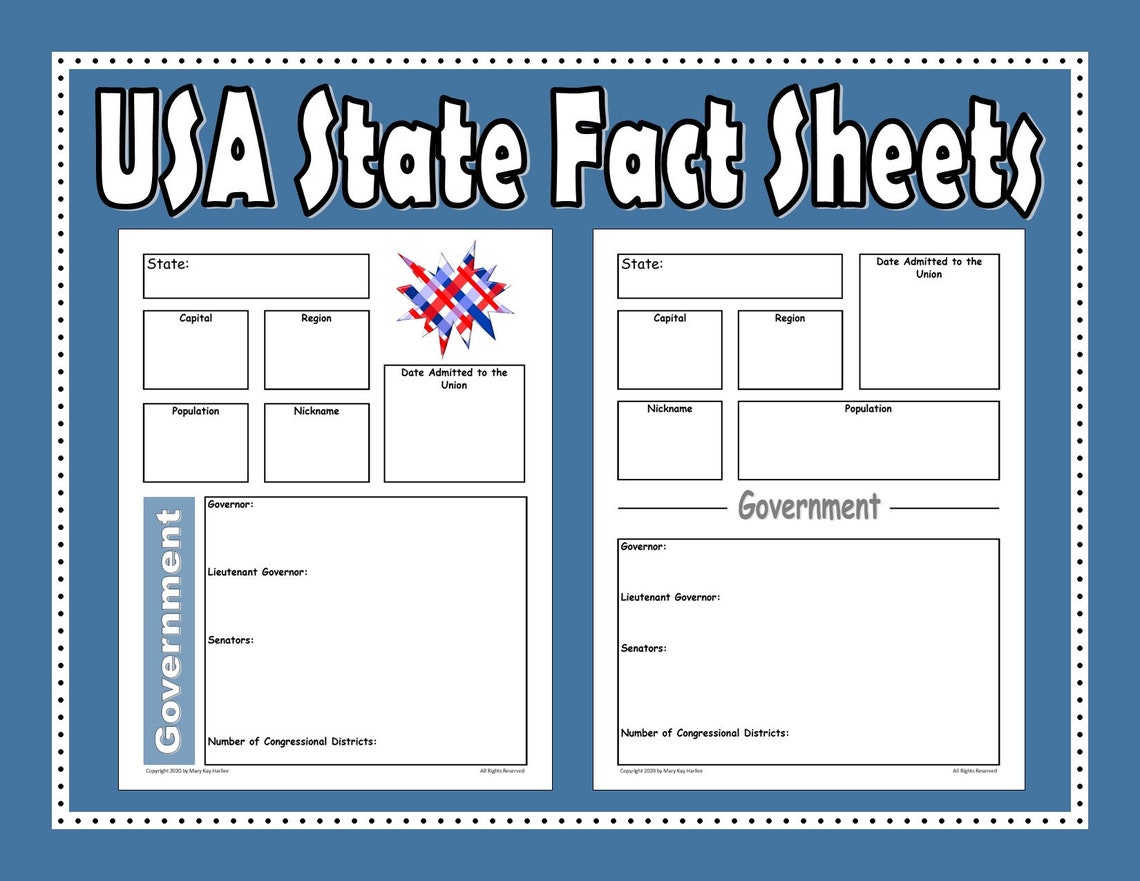 USA State Fact Sheets PRINTABLES ~ Grades 6 - 8 ~ for Homeschools or ...