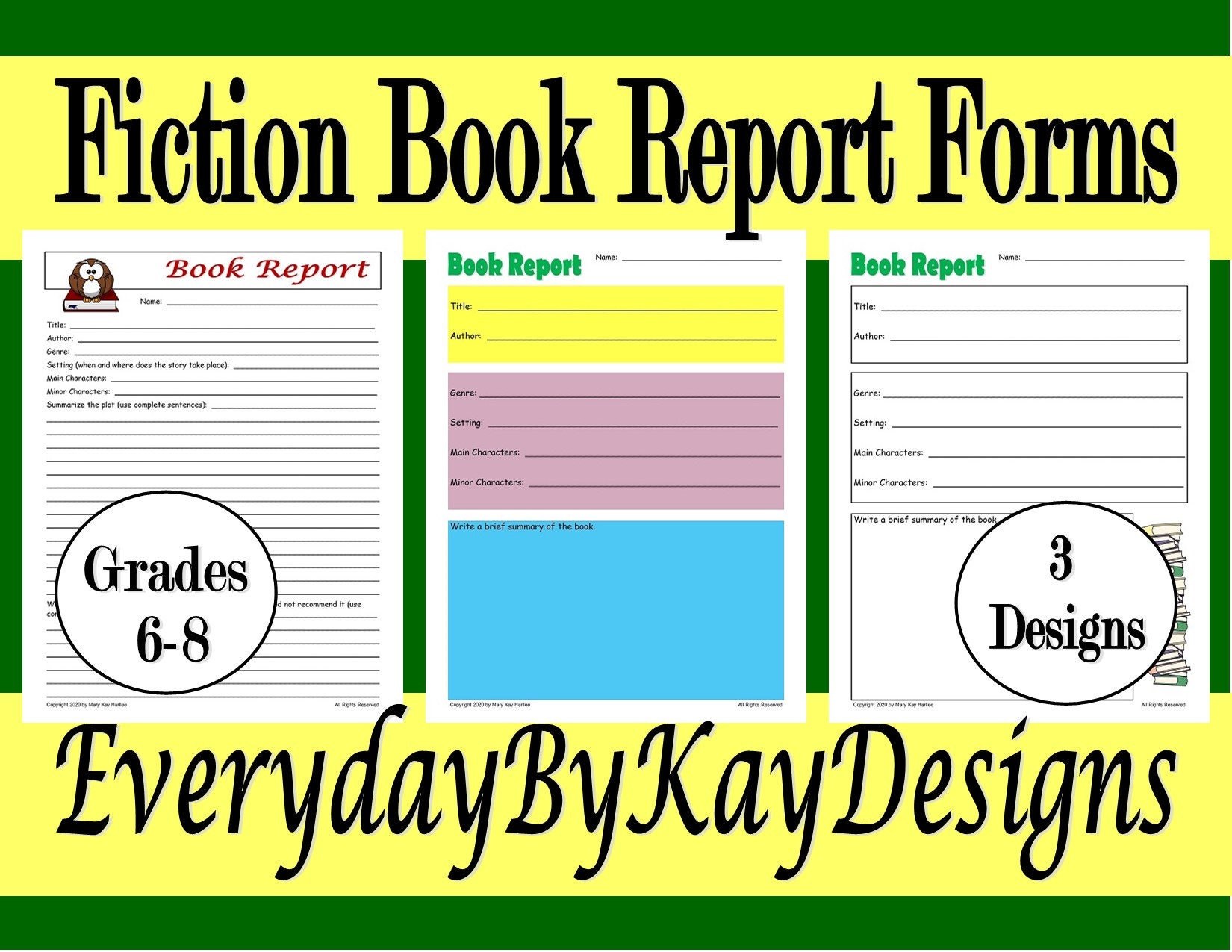 Fiction Book Report Forms PRINTBLES Grades 6 Through 8 for Class Rooms ...