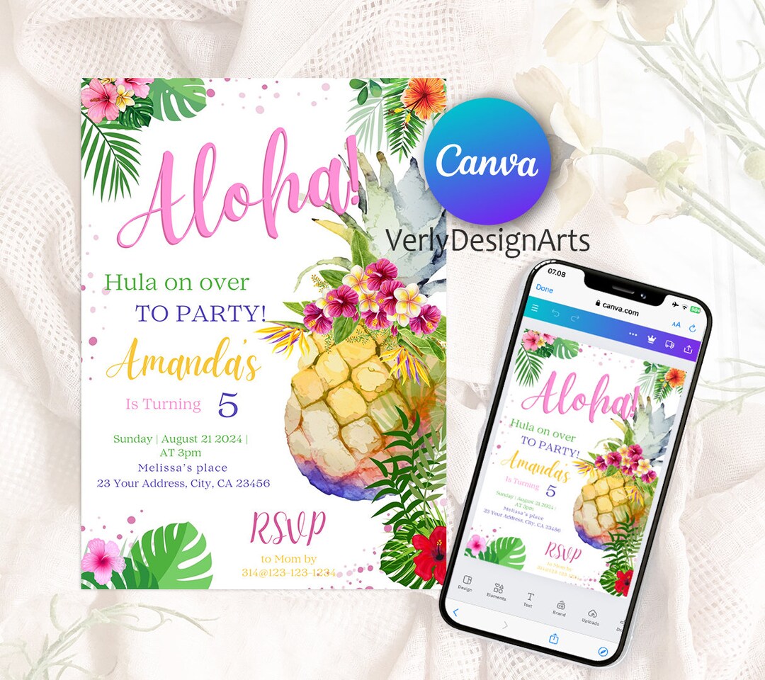 Aloha Party Invitation, Pineapple Party Birthday, Tropical Hawaii Party ...