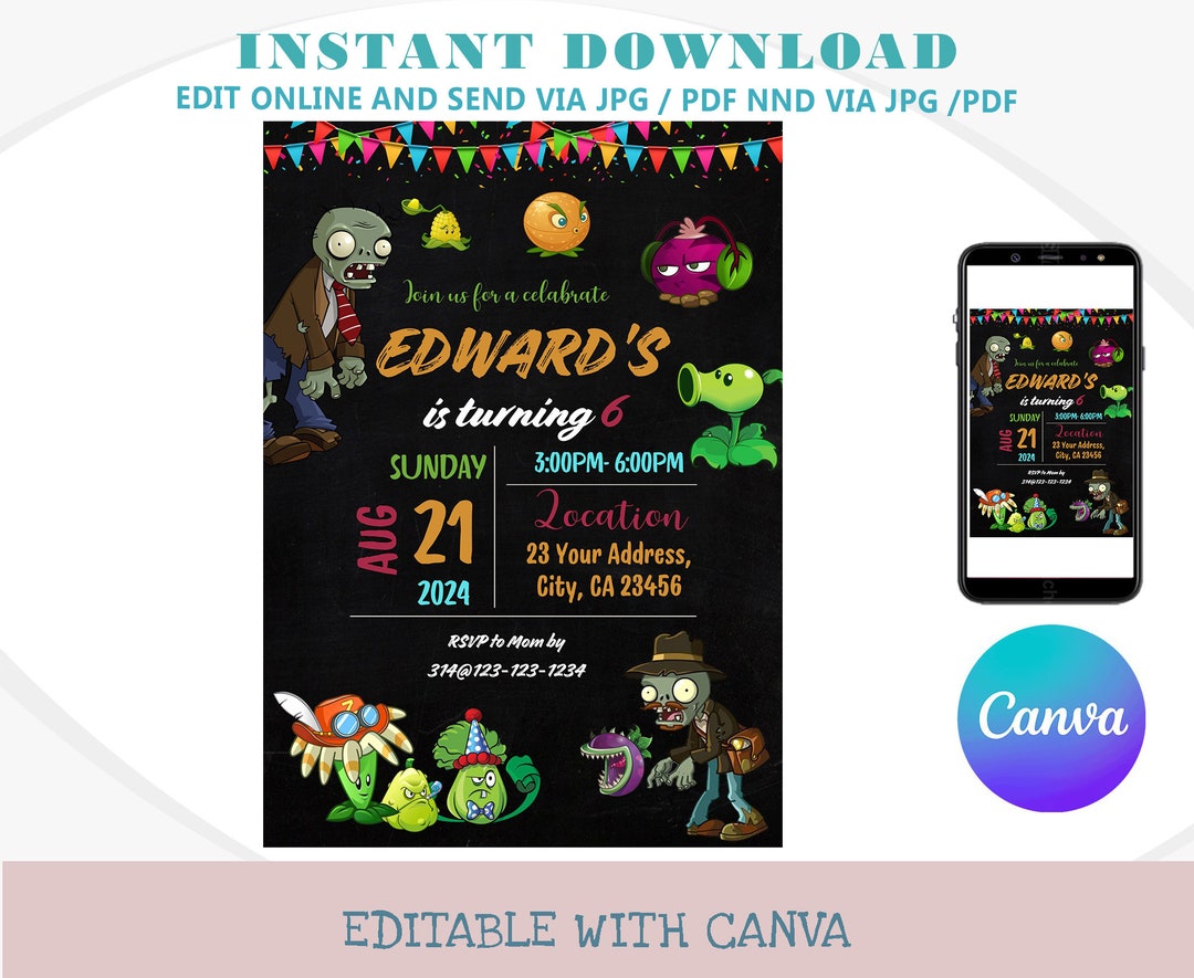 Editable Printable Plants Vs Zombies Birthday Invitation, Zombies ...