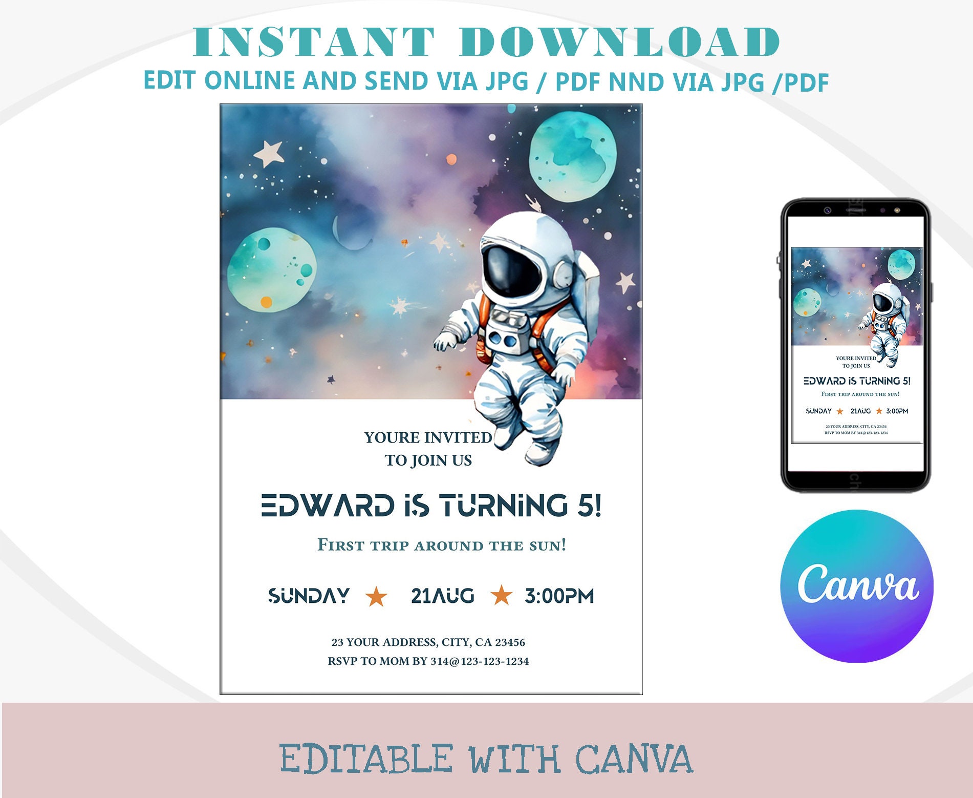 Editable Outer Space Birthday Invitation Template, Planets Rocket Ship ...