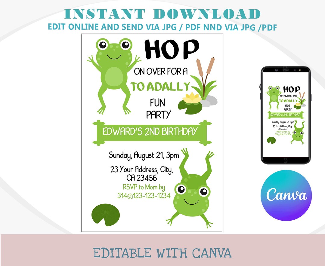 Invitación de cumpleaños de rana editable invitar a fiesta digital 5x7 ...