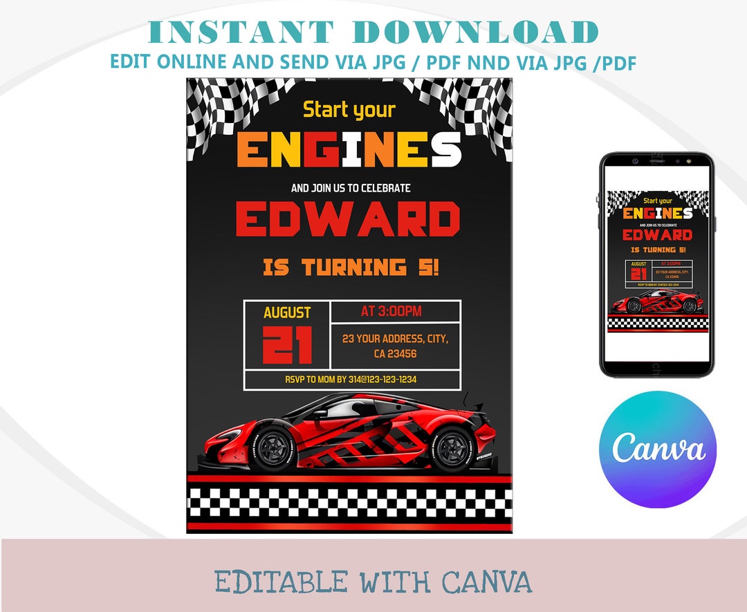 Editable Race Car Invitation, Race Car Birthday Invitation, Go Kart ...
