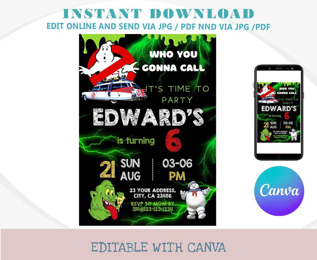 Editable Ghostbusters Birthday Invitation, Ghostbusters Birthday ...