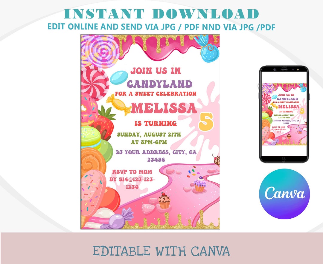 Editable Candy Theme Birthday Invitation Candyland Birthday - Etsy UK