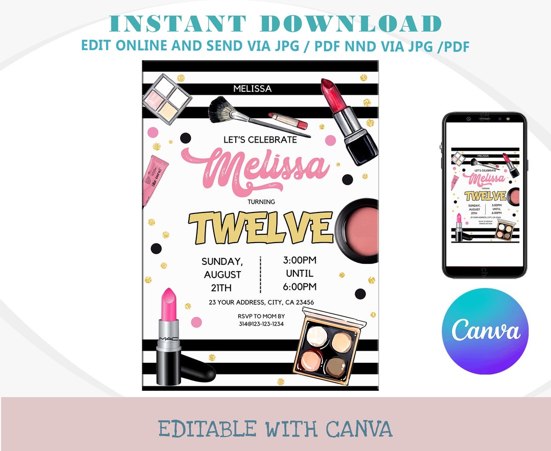 Editable Make up Invitation, Make up Party, Makeup, Makeup Invitation ...