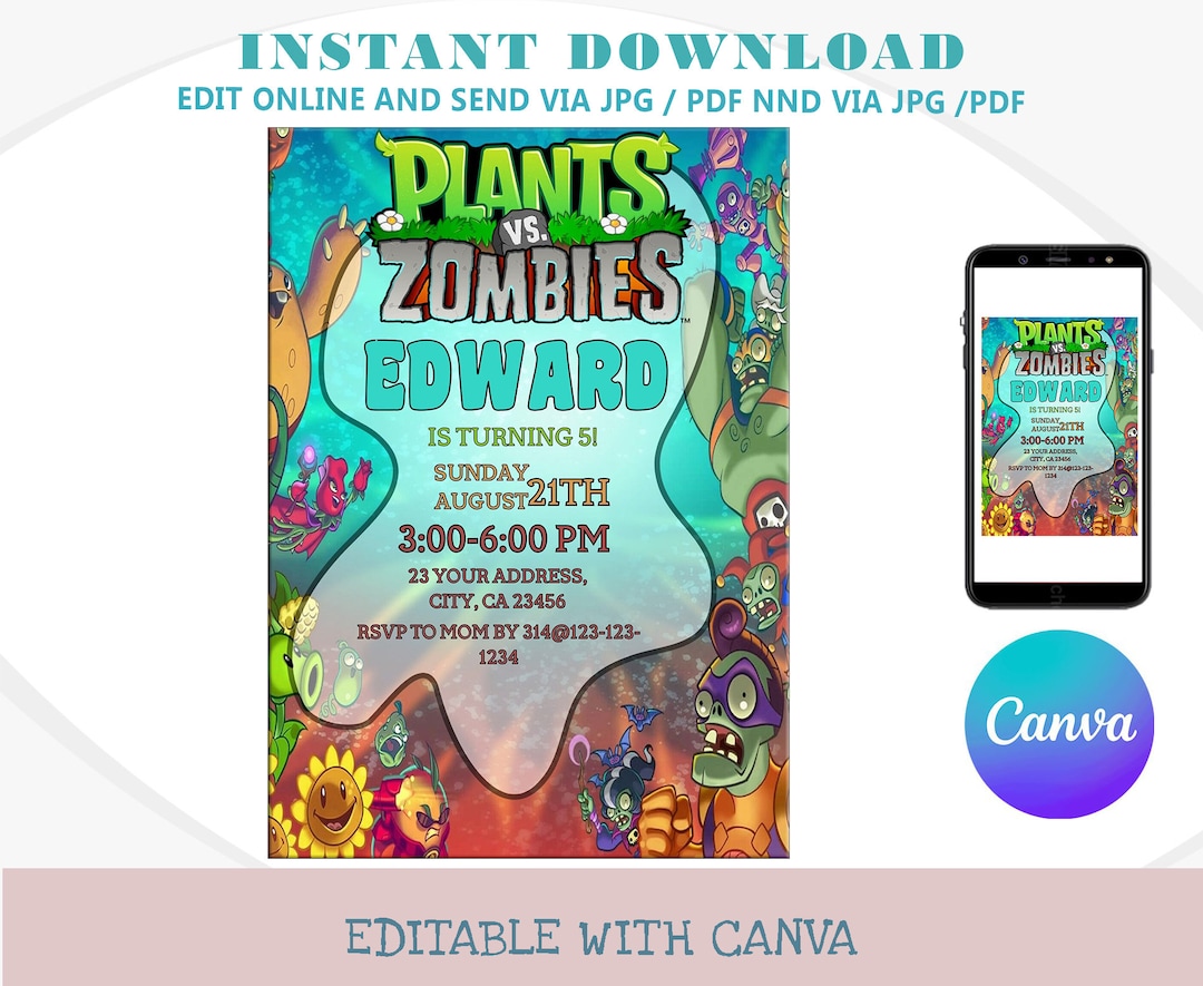 Plants and Zombie Party Invitation Plants Vs Zombie Invitation Kids ...