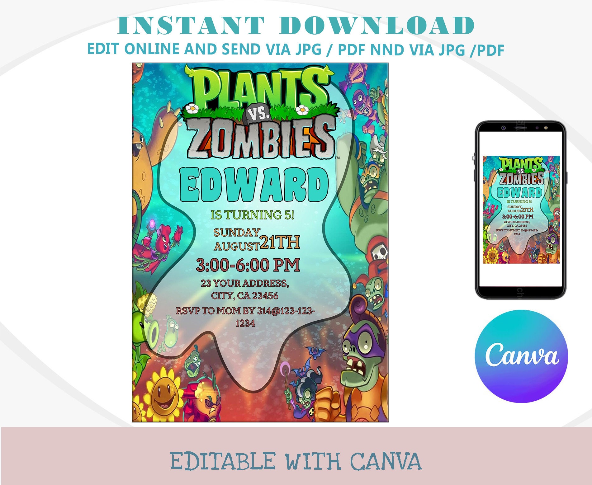 Plants and Zombie Party Invitation Plants Vs Zombie Invitation Kids ...