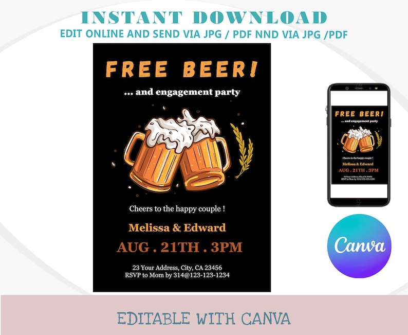 Editable Engagement Party Invitation, Beer Party Invitation, Wedding ...