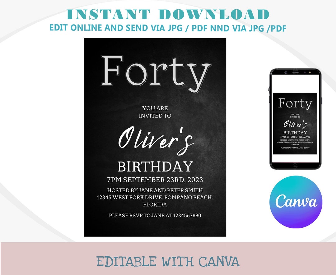 Editable 40th Birthday Invitation, Birthday Party Invitations - Etsy