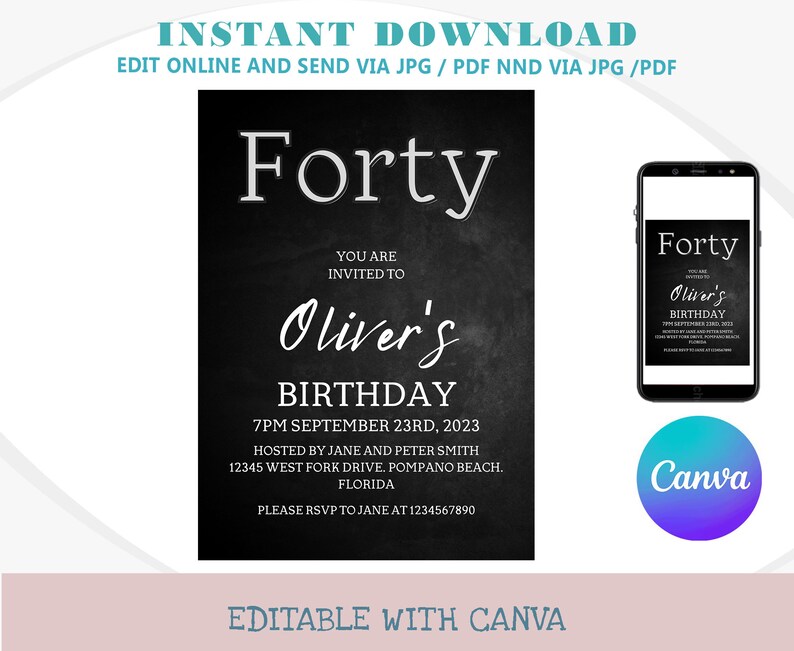 Editable 40th Birthday Invitation Birthday Party Invitations - Etsy