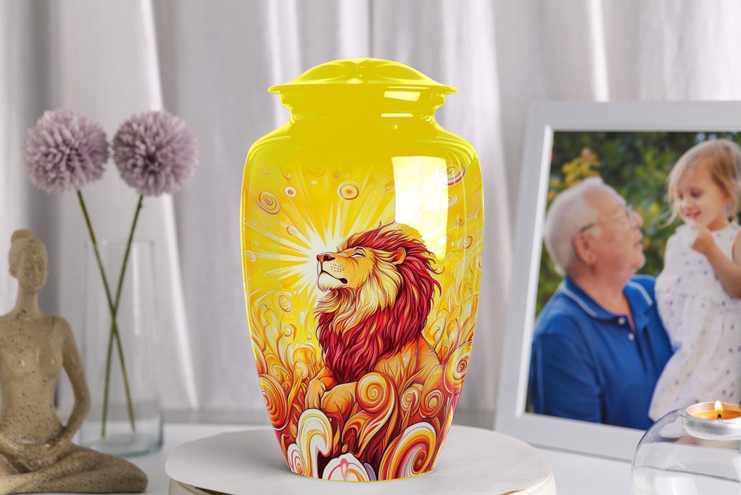 Lion Cremation Urn for Human Ashes Adult Size – Hand Painted Yellow Urn ...