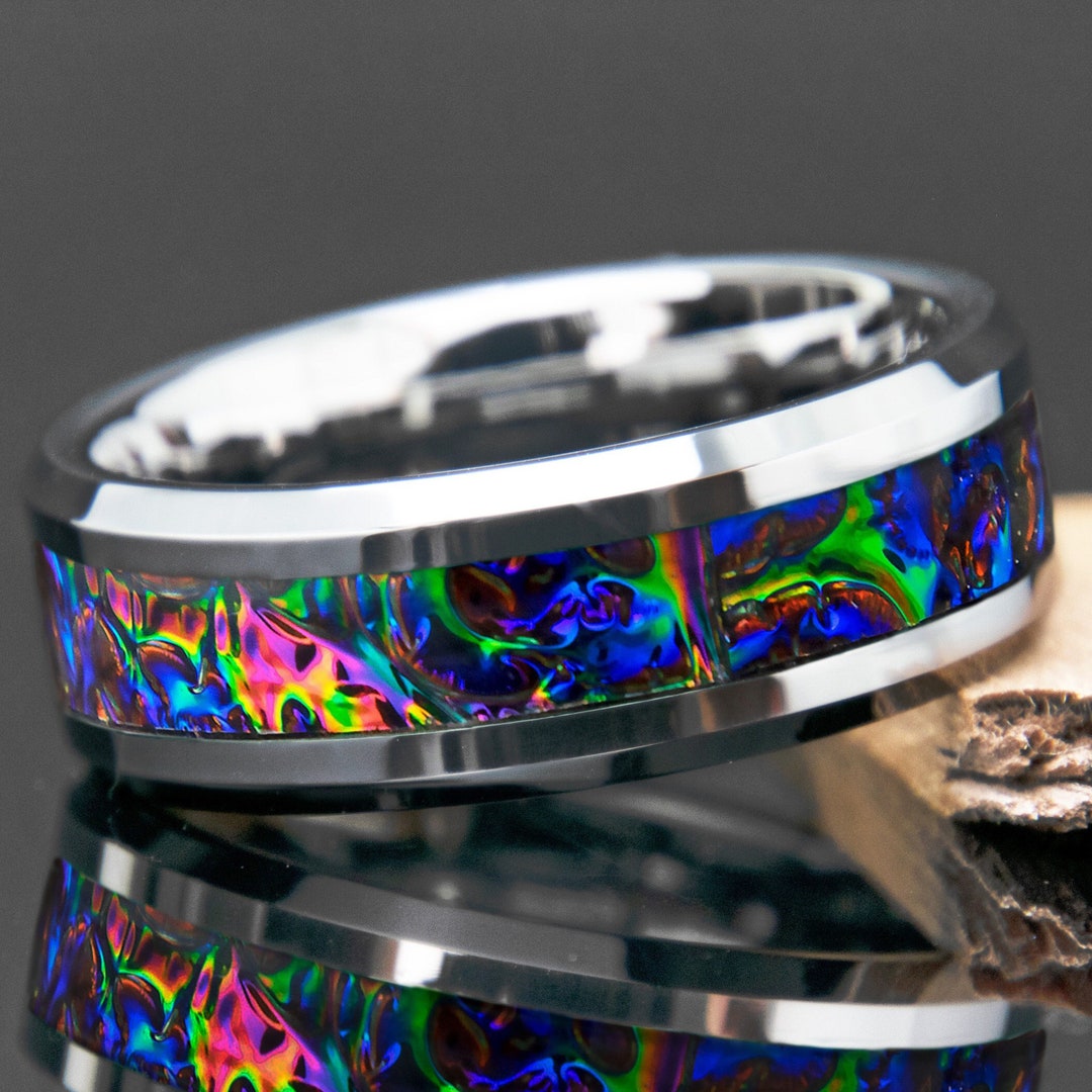 Dichrolam Tungsten Ring | Fire Burl | Dichroic Wedding Band | Unique ...