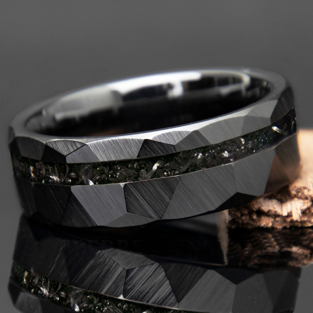 Meteorite Hammered Black Ceramic Ring | Faceted | Mens Engagement Ring ...