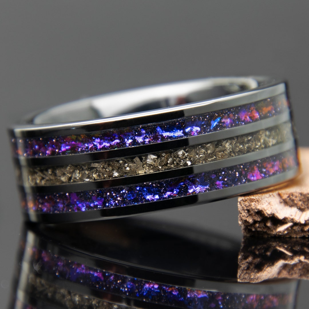Galaxy and Meteorite Ring | Cosmos Inspired | Black Ceramic Wedding Band | Blue Sandstone ...
