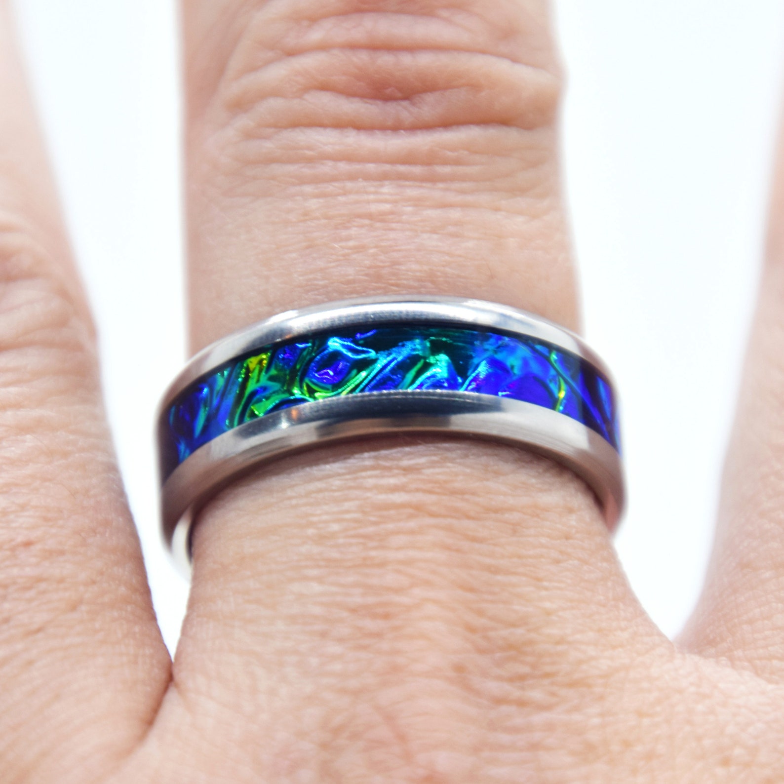 Dichrolam Titanium Ring Black Sea Dichroic Band Wedding | Etsy